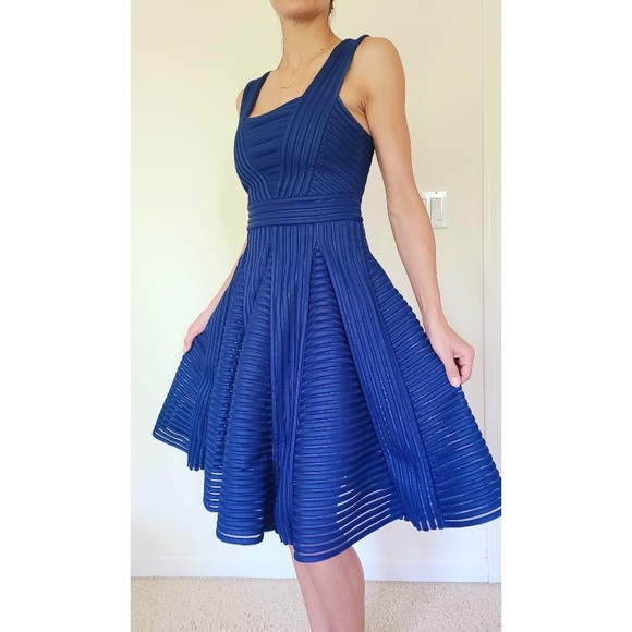 Maje | Dresses | Maje Rodez Flared Meshstriped Navy Blue Dress | Poshmark